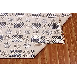 Casavani Hand Block Printed Rug Abstract Blue & Beige Tassel Rug Easy Care Washable Rugs for Doormat Entryway Living Room Bedroom Hallway Balcony 2.6x8 Feet Runner