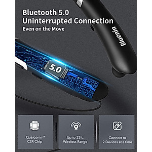 Bluenin Bluetooth Headphones, Bluetooth Neckband Wireless Headphones Bluetooth 5.0 Retractable Earbuds Stereo Headset CVC 8.0 Noise Cancelling Call Vibrate Alert Earphones with Mic (Black)