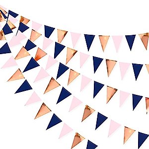 30 Ft Navy Blue Pink Rose Gold Party Decorations Royal Blue Blush Hanging Paper Triangle Flag Pennant Banner Bunting for Bachelorette Engagement Wedding Birthday Gender Reveal Baby Shower Anniversary