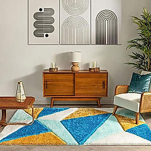 Well Woven San Francisco Venice Blue Modern Geometric 3D Textured Thick and Soft Shag 5'3" x 7'3" Area Rug