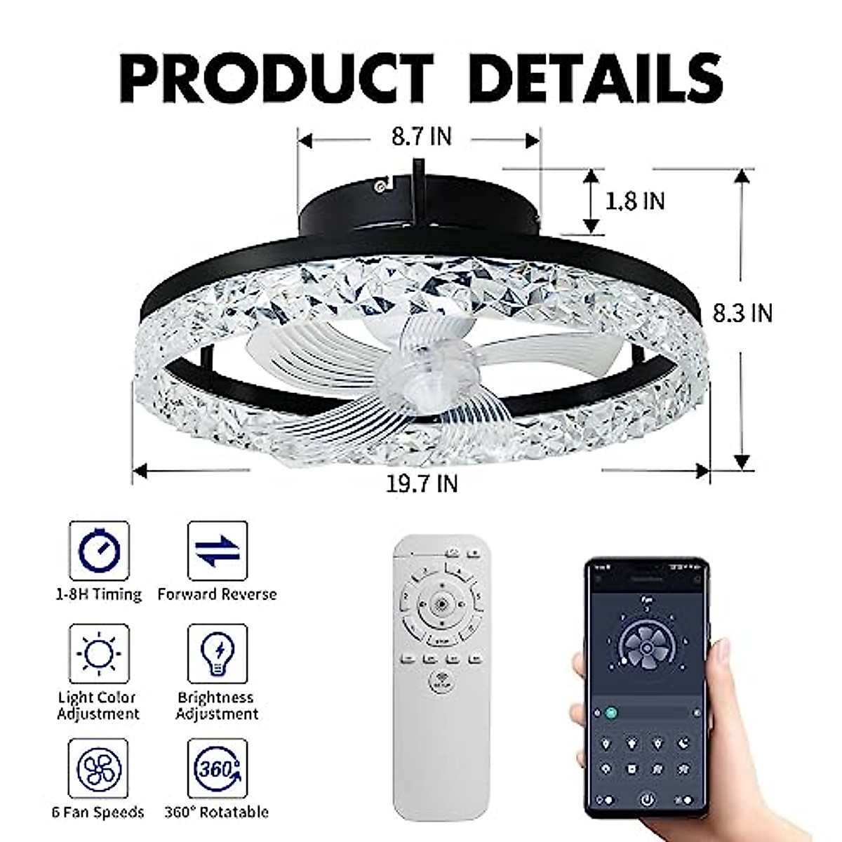 Tivleed Low Profile Ceiling Fan with Lights, 20" Semi Flush LED Fans Light, Remote & Smart APP Control, 360° Rotatable, Modern Crystal, 3 Color Dimmable, 6 Speeds, for Bedroom Living Room, Black