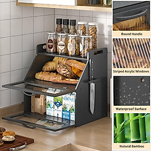 Bread Box, Bread Box for Kitchen Countertop, Large Bread Storage Container for Homemade Bread, Wooden Farmhouse Breadbox Organizers, Double Layer Bread Bin with Acrylic Window Bread Holder,Black