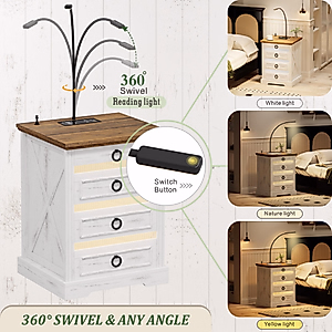 Gun Night Stand with Charging Station & Reading Light, Farmhouse Bedside Table with Human Sensor LED Lights, Brightness Adjustable End Side Table for Bedroom/Living Room/Office, White