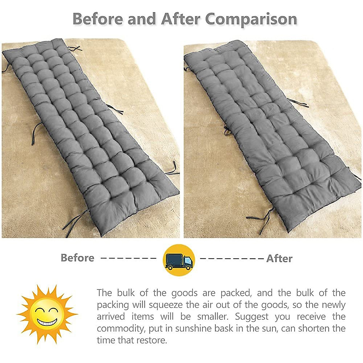 Moonase 61inch Sun Lounger Chair Cushions, Sundlight Patio Cushions Chaise Outdoor Mattress Recliner Quilted Thick Padded Seat Cushion Reclining Chair Rocking with Ties (Grey)