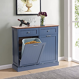 LOUVIXA Tilt Out Trash Can Cabinet with Double Hidden Trash Bin Holder, Kitchen Free Standing Recycling Cabinet,Dog Proof Trash Can,Wood, Blue