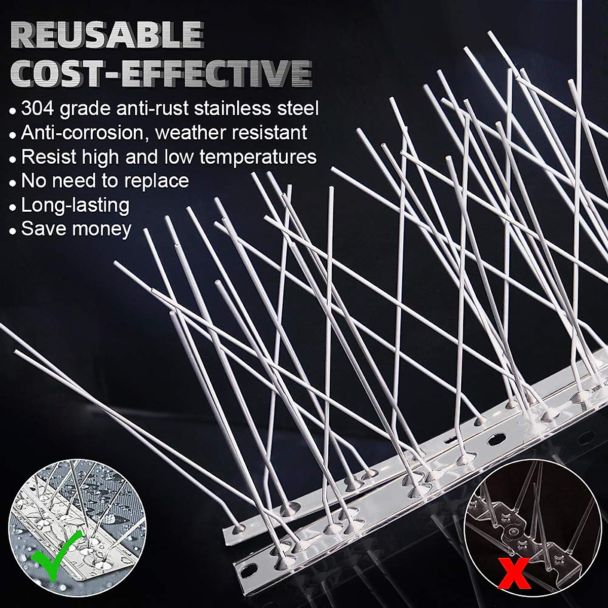 LANNEY Bird Spikes, 10 Strips Stainless Steel Bird Deterrent Pigeon Spikes for Outside to Keep Birds Away, Anti Bird Repellent Spikes Control Kit Cover 10.8 Feet, Unassembled