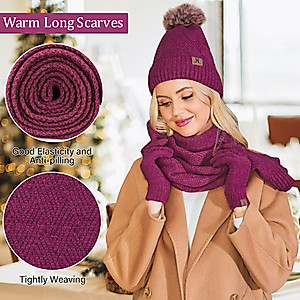 Womens Winter Warm Knit Beanie Hat Long Scarf Touchscreen Gloves Set with Fleece Lined Pom Skull Cap Gifts for Women