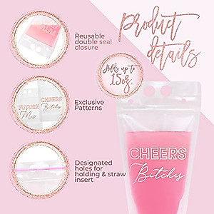 Effortless Events Bachelorette Drink Pouches,16 Count, 15 Oz Drink Pouches with Straws, Rose Gold, Future Mrs & Cheers, Pouches for Drinks with Straws Bachelorette Party Cups