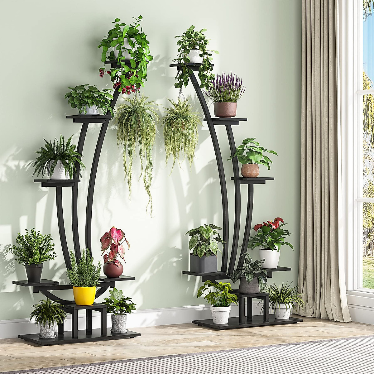 Tribesigns 6-Tier Tall Indoor Plant Stand Pack of 2, Metal Curved Display Shelf with 2 Hanging Hooks, Multi-Purpose Bonsai Flower Pots Plant Rack for Indoor, Garden, Balcony, Living Room, Black