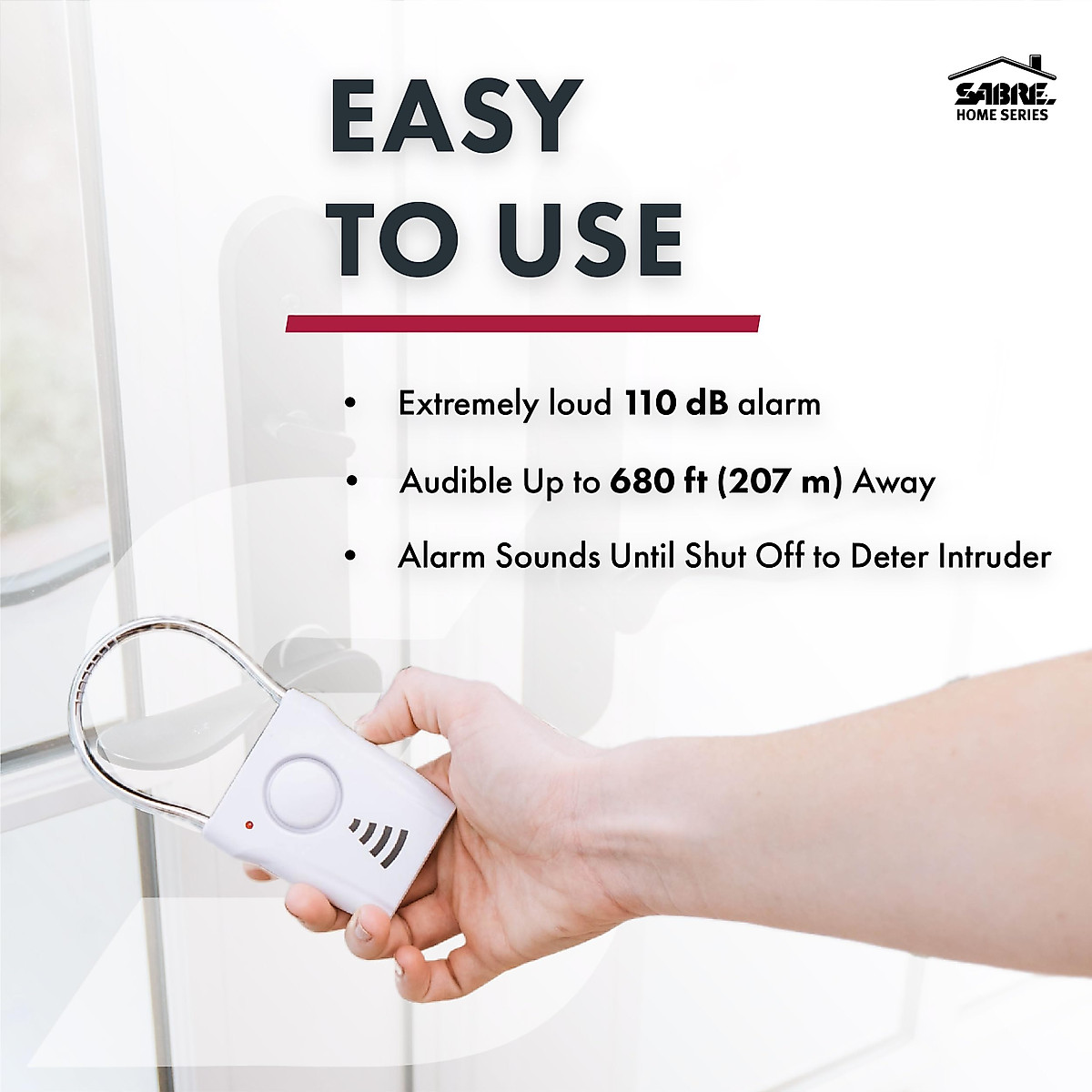 SABRE 110dB Door Handle Alarm, Extremely Loud Wireless Alarm Audible Up To 680 Ft Away, Hangs Off Door Knob or Handle, Vibration-Triggered Home Security Alarm, 3 Adjustable Settings, Great for Travel