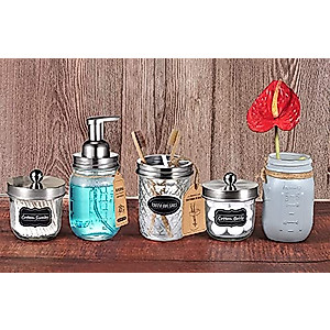 Amolliar 4PCS & 2pcs Brushed Nickel Mason Jar Bathroom Accessories Set-3pcs Foaming Soap Dispenser & 2pcs Cotton Swab Holder &1pcs Toothbrush Holder,Waterproof Stickers,Rustic Farmhouse Decor