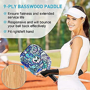 Pickleball Paddles Set of 4, Ornate Skull Pattern Pickleball Rackets with 4 Premium Wood Paddles & 4 Pickleballs & 2 Handle Grips Tape & 2 Pickleball Belts & Carry Bag for Beginners Men Women Adults