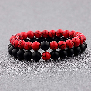 LeZisuIre CNLQ Long Distance Bracelets For Lovers Couples Matching Gift Matte Agate 8mm Bead Stone (Elastic Red) (Elastic Red)