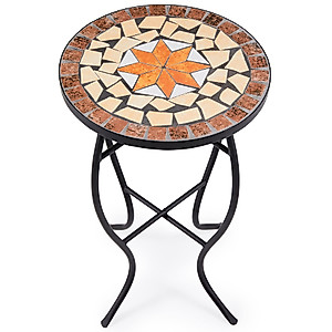 VONLUCE Mosaic Side Table and Plant Stand, 21" Round End Table with 14" Ceramic Tile Top, Indoor & Outdoor Accent Table, Porch Patio Furniture, Entryway & Coffee Table for Home & Garden, Maple