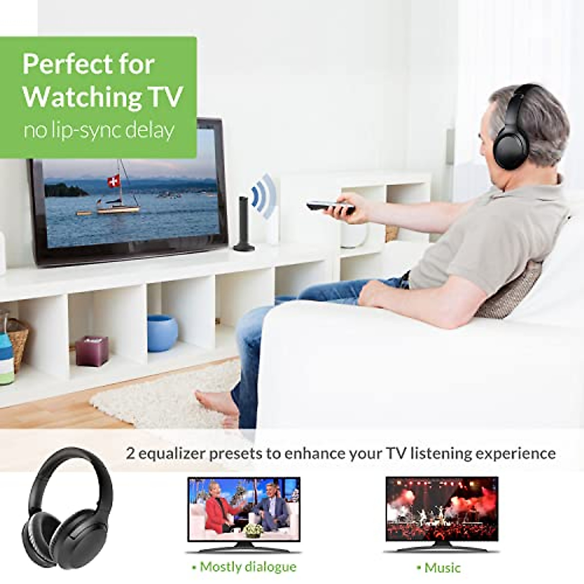 Avantree Opera 35Hrs Comfortable Wireless Headphones for TV Watching with Bluetooth 5.0 Transmitter & Charging Stand, Clear Dialogue Mode, Passthrough, High Volume for Seniors, 164FT Long Range