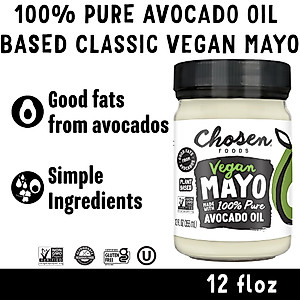 Chosen Foods Classic Vegan Avocado Oil-Based Mayonnaise, Gluten & Dairy Free, Low-Carb, Keto & Paleo Diet Friendly, Mayo for Sandwiches, Dressings and Sauces (12 fl oz)