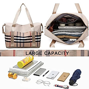 Neywry Womens Travel Bags,Khaki Large Capacity Carry On Tote Bag,Expandable Duffel Bags With Trolley Sleeve,Weekender Tote Bags
