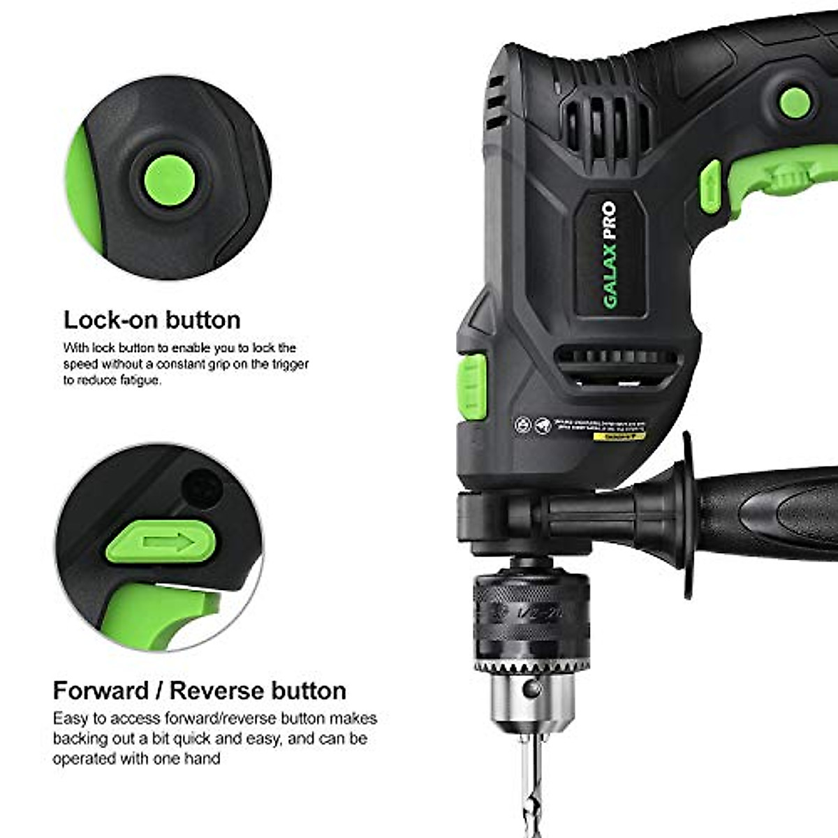 GALAX PRO 5Amp 1/2-inch Corded Impact Drill with 105pcs Accessories, Variable Speed 0-3000, Hammer and Drill 2 Functions in 1, 360°Rotating Handle, Depth Gauge, Carrying Case Included