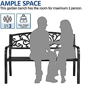 Patio Park Garden Bench, 50" Outdoor Bench Metal Bench with Powder Coated Iron Metal Frame & Floral Ivy Design Backrest, 400lbs Sturdy Steel Frame Furniture for Yard Porch Entryway Lawn Decor Deck