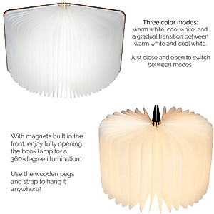 Bokehtti LED Real Wood Book Lamp (8.5 x 6.6") Includes Leather Hanging Strap and USB Cable - Versatile Reading Lantern, Photography Prop or Flashlight - Portable Light for Emergencies and Outdoor Use