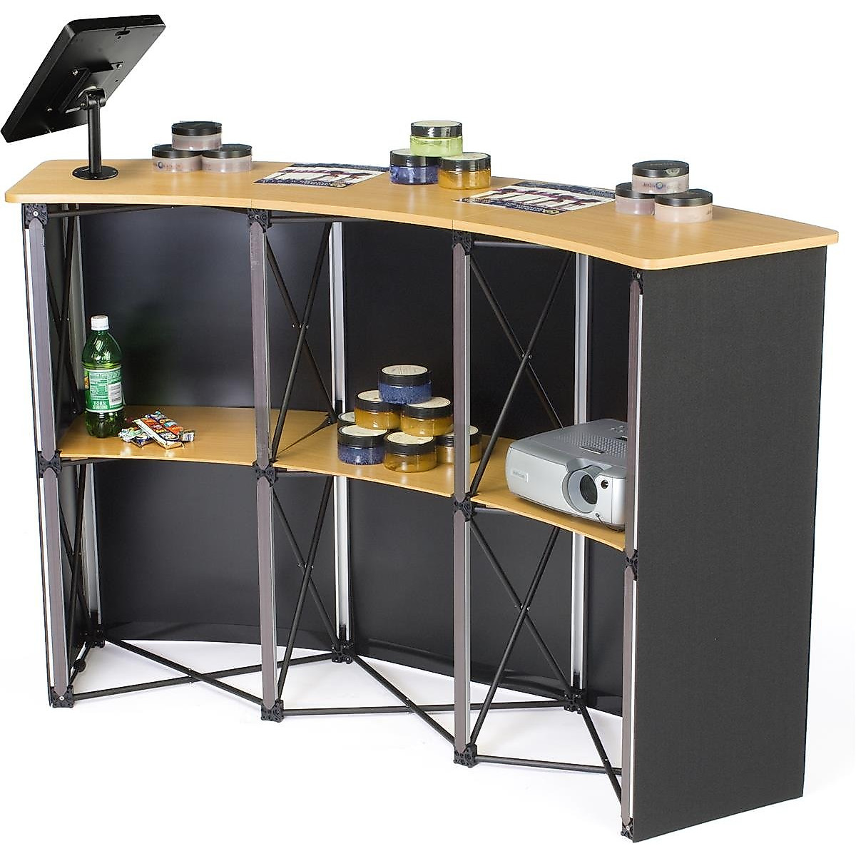 Displays2go Exhibit Tradeshow Counter with iPad Stand – Laminated MDF, Aluminum, Steel, Black Finish with Brown Wood Grain (CTR5IPDGBK)