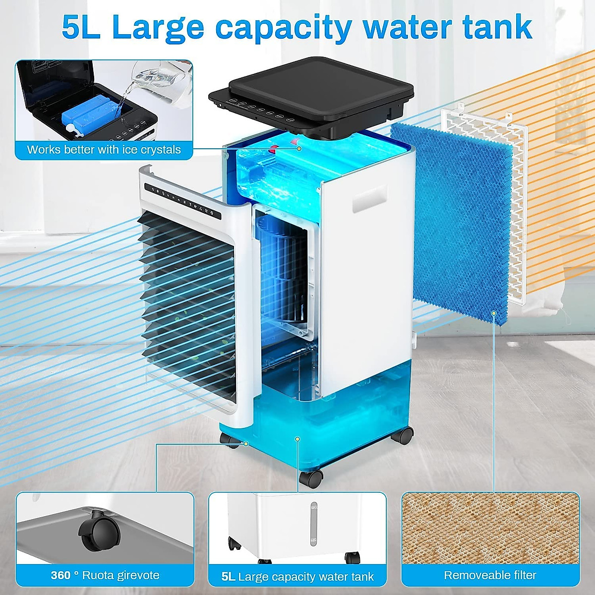 Portable Air Conditioner, 4-IN-1 Evaporative Air Cooler, with 4 Modes 3 Speeds, 1-7H Timer and Negative Ion Function, Portable Air Cooler with 1.35 Gallon Water Tank & 90°Oscillation, Remote Control for Home and Office [Energy Class A++]