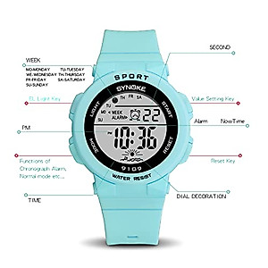 WISHFAN Sports Watch for Women, Women’s and Girls’ Watch Waterproof Digital Watch with 7 Colors Backlight (Turquoise)
