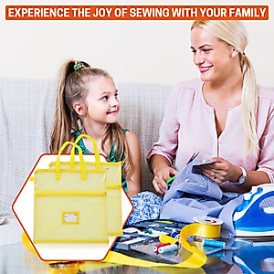 BERYA 16.14 x 16.14 inch Sewing Project Bag, Large Double Pocket Craft Bag Organizer Tote with Handles, Clear Mesh Art Supply Bag for Quilting, Knitting, Embroidery Projects Storage (Yellow-2 Pack)