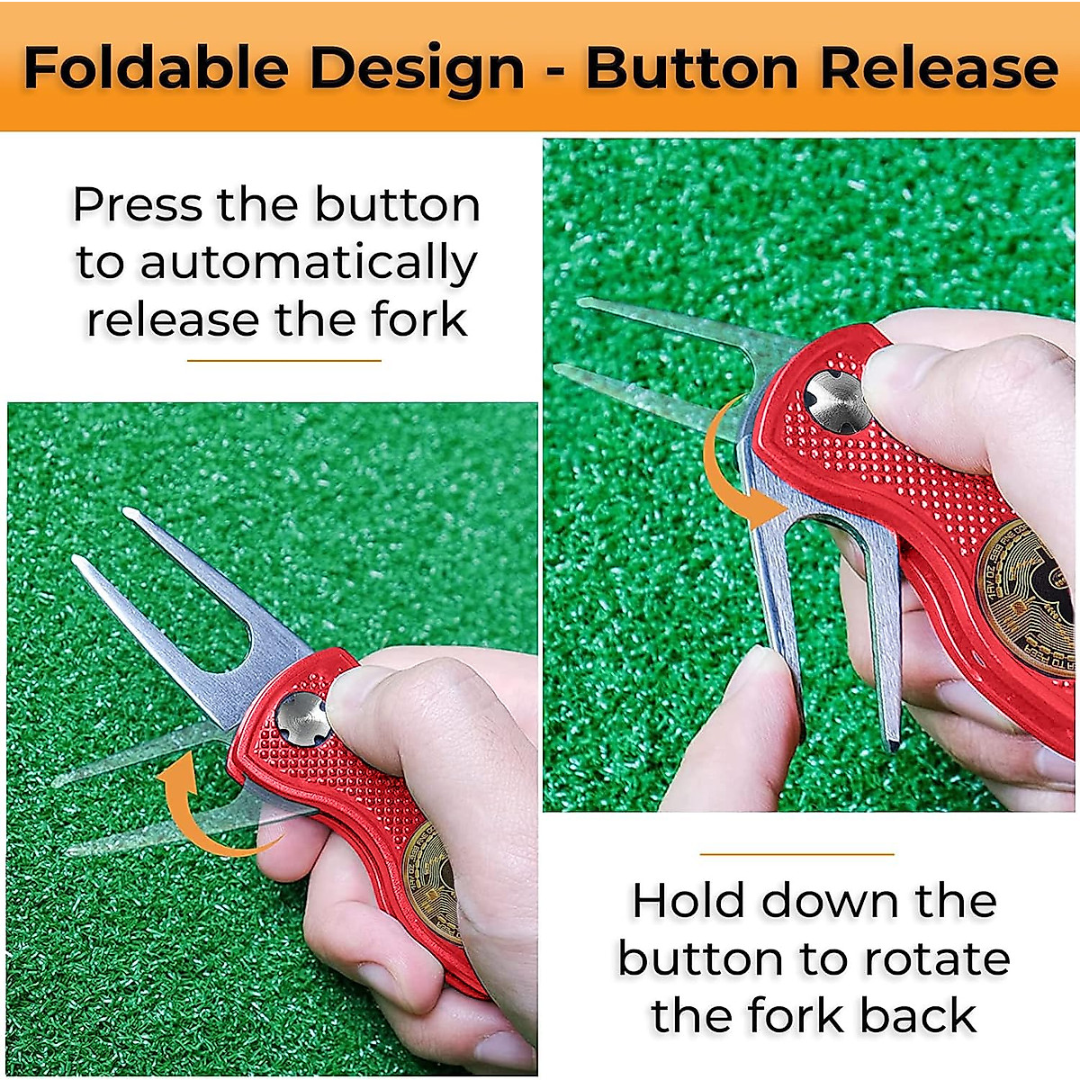 HODL 21 Bitcoin Golf Divot Repair Tool, All-Metal Golf Accessories - 3- in-1 Golf Multitool (Divot Tool, Ball Marker, Club Holder) | Foldable with with Pop-up Button & Magnetic Ball Marker