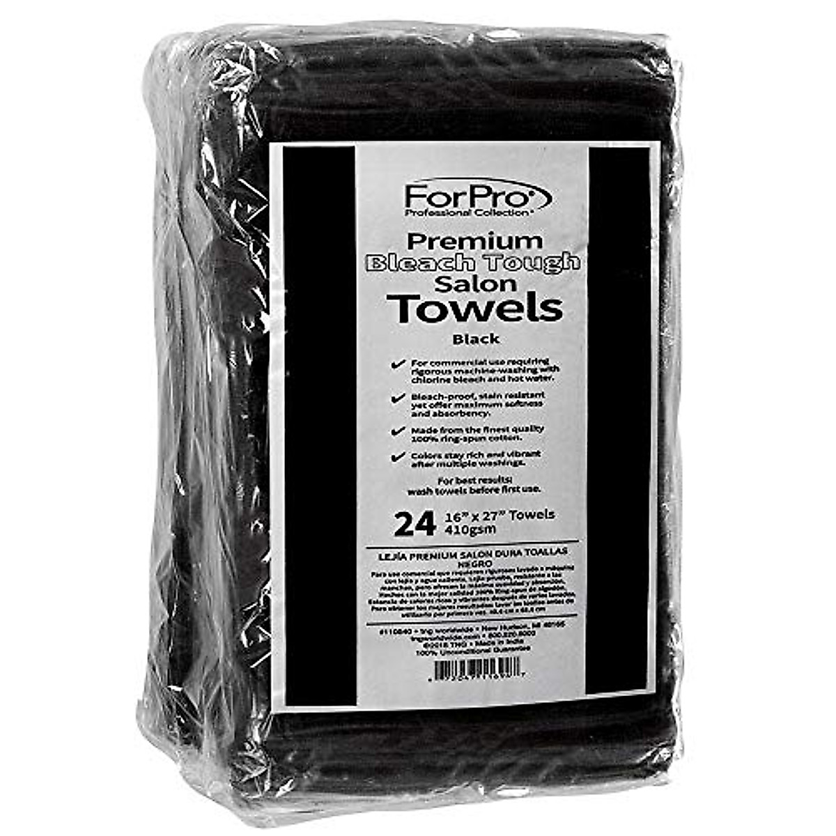 ForPro Professional Collection Premium Bleach Tough Salon Towels, Black, 100% Cotton, Bleach-Proof Towels, Stain Resistant, 16" W x 27" L, 24-Count