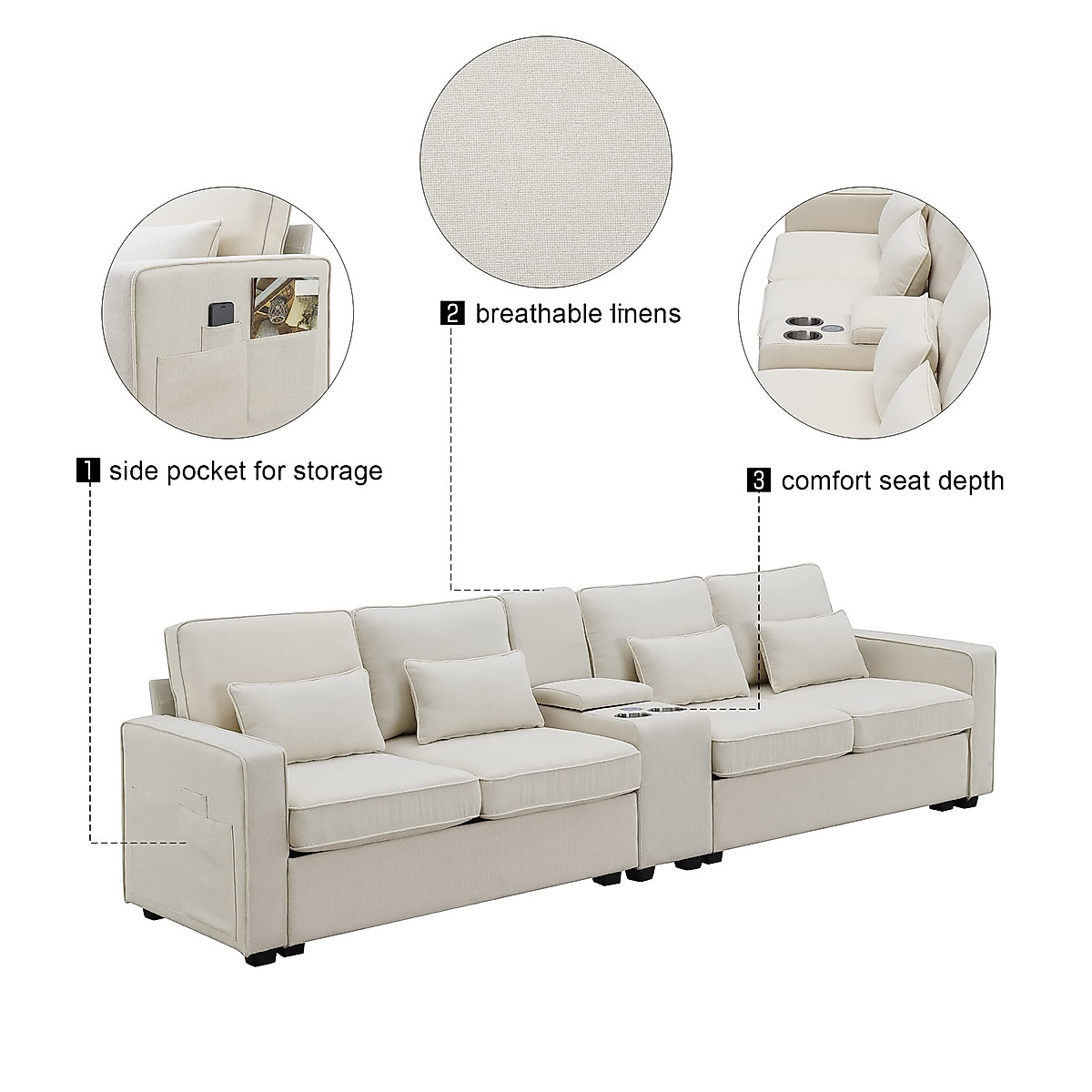 Favfurish 114.2" Linen Upholstered Sofa with Consoleand 2 USB Ports Wired or Wirelessly Charged,Modern 4-Seat Couches W/ 4 Pillows and Two Cupholders,for Living Room,Apartment,Beige