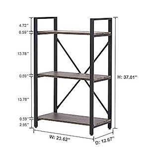 BON AUGURE Small 3 Tier Bookshelf, Rustic Industrial Book Shelf, Short Wood Metal Standing Etagere Bookcase for Living Room, Bedroom and Office (Dark Gray Oak)