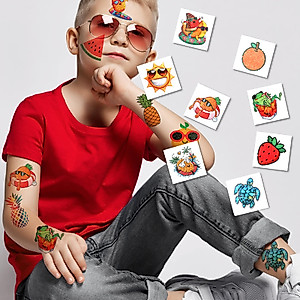 CHARLENT 148 PCS Glitter Summer Fruit Temporary Tattoos for Kids - Watermelon Pineapple Individual Tattoos for Boys Girls Pool Birthday Party Favors Goodie Bag Fillers