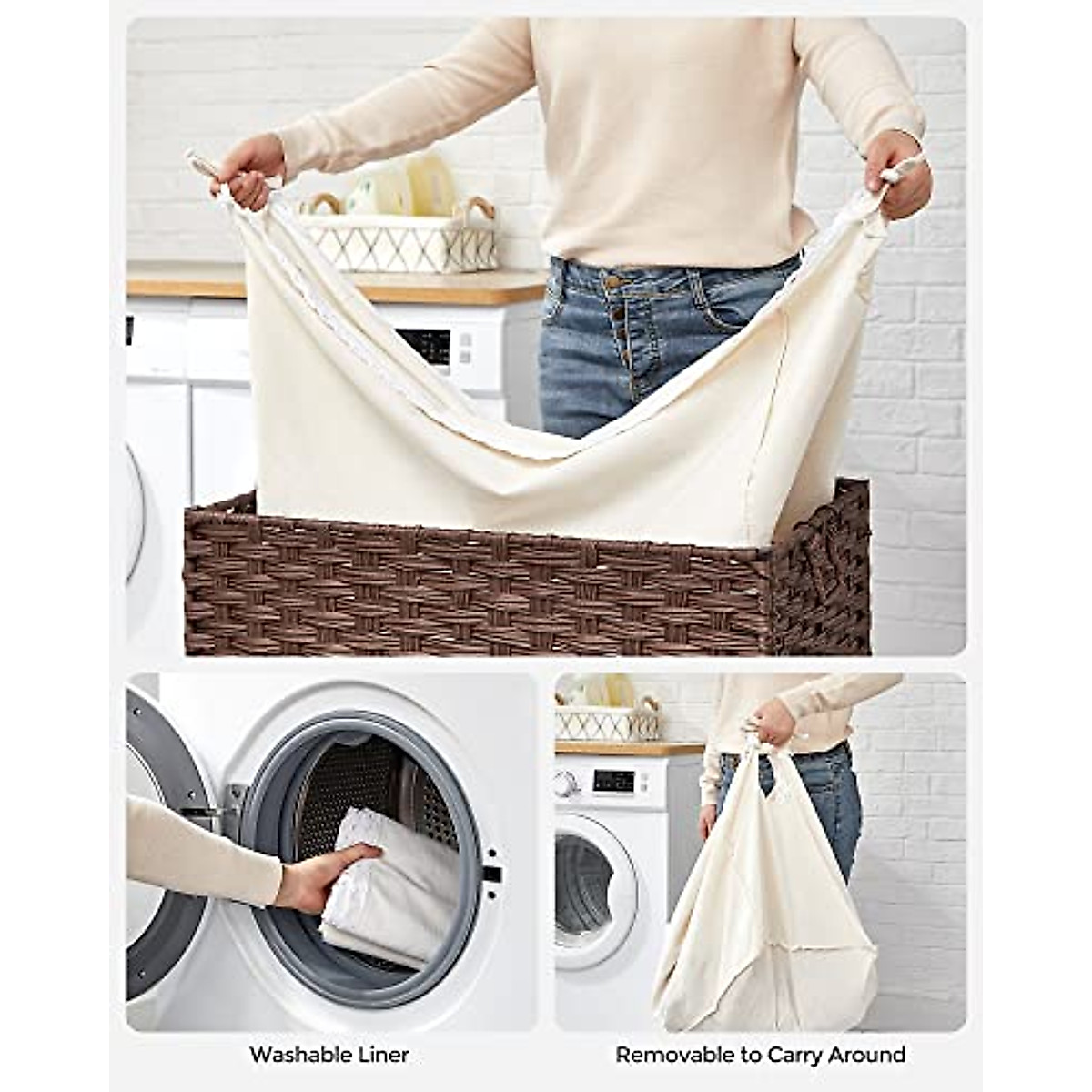 SONGMICS Laundry Basket, Laundry Hamper with 2 Removable Liner Bags & 3 Mesh Laundry Bags, 75L Sturdy Tall Laundry Bin, Freestanding Clothes Hamper with Handles, for Bathroom Dorm, Brown URST375K01