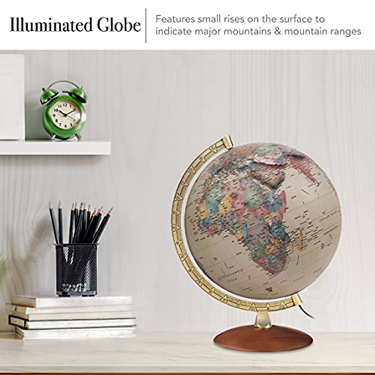 Waypoint Geographic Athens Relief Globe, 12" Illuminated Antique Ocean-Style World Globe with Raised Relief, Up-to-Date Reference Globe, Decorative Globe for Home and Office Decor