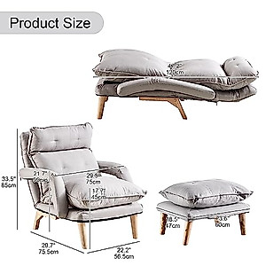 CLIPOP Modern Living Room Accent Chair with Ottoman, Comfy Linen Armchair with Adjustable Backrest(5 Angles), Solid Wood Legs, Leisure Upholstered Single Sofa Chair with Footrest,Grey