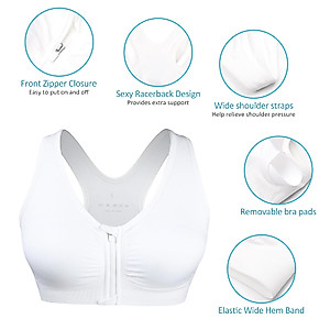 3 Pack Racerback Sports Bras for Women - Women's Zip Front Sports Bra Wireless Post-Surgery Bra Active Yoga Sports Bras (XL:Fit 34D,36C,36D,38A,38B,40A, 3 Pack(Black+Flesh+White))