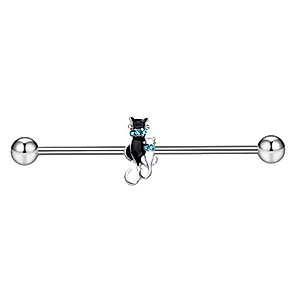 Pierced Republic 14G Industrial Stainless Steel Barbell with Cat Friends Emblem - 14 Gauge Cartilage Industrial Ear Piercing Jewelry, silver
