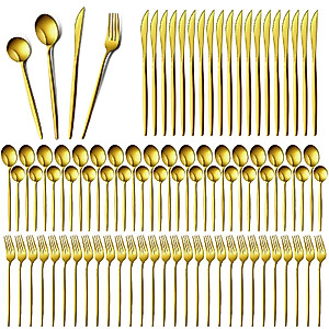 Yaomiao 400 Pcs Gold Silverware Set with Knives Spoons and Forks Portable Stainless Steel Flatware Set Reusable Gold Utensils Set Dishwasher Safe Gold Cutlery Set for Kitchen Restaurant Service