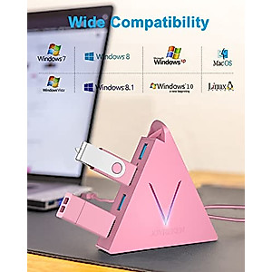 JoyReken 4-Port USB 3.0 Hub, FlyingVHUB Vertical Data USB Hub with 2 ft Extended Cable, for Mac, PC, Xbox One, PS4, PS5, iMac, Surface Pro, XPS, Laptop, Desktop, Flash Drive, Mobile HDD(Pink)