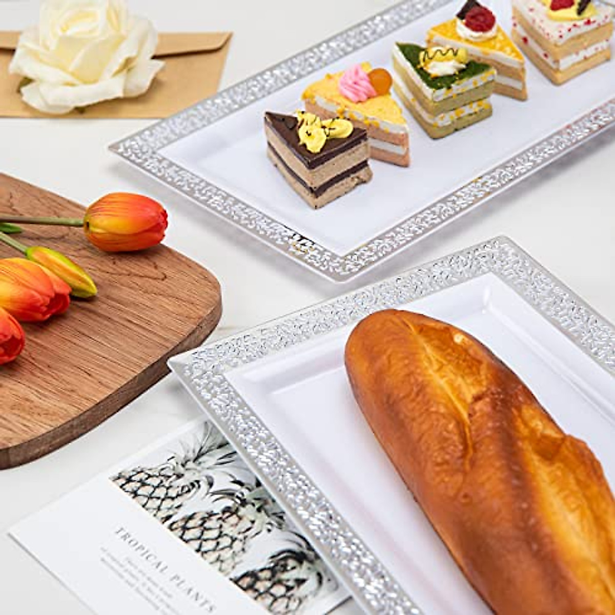 BBG 12Pcs Plastic Silver Serving Trays and Platters Set, 13.77 * 8.46” White with Silver Lace Design, Rectangular Plastic Food Platters, Disposable Serving Tray for Party Weddings Reception Buffet