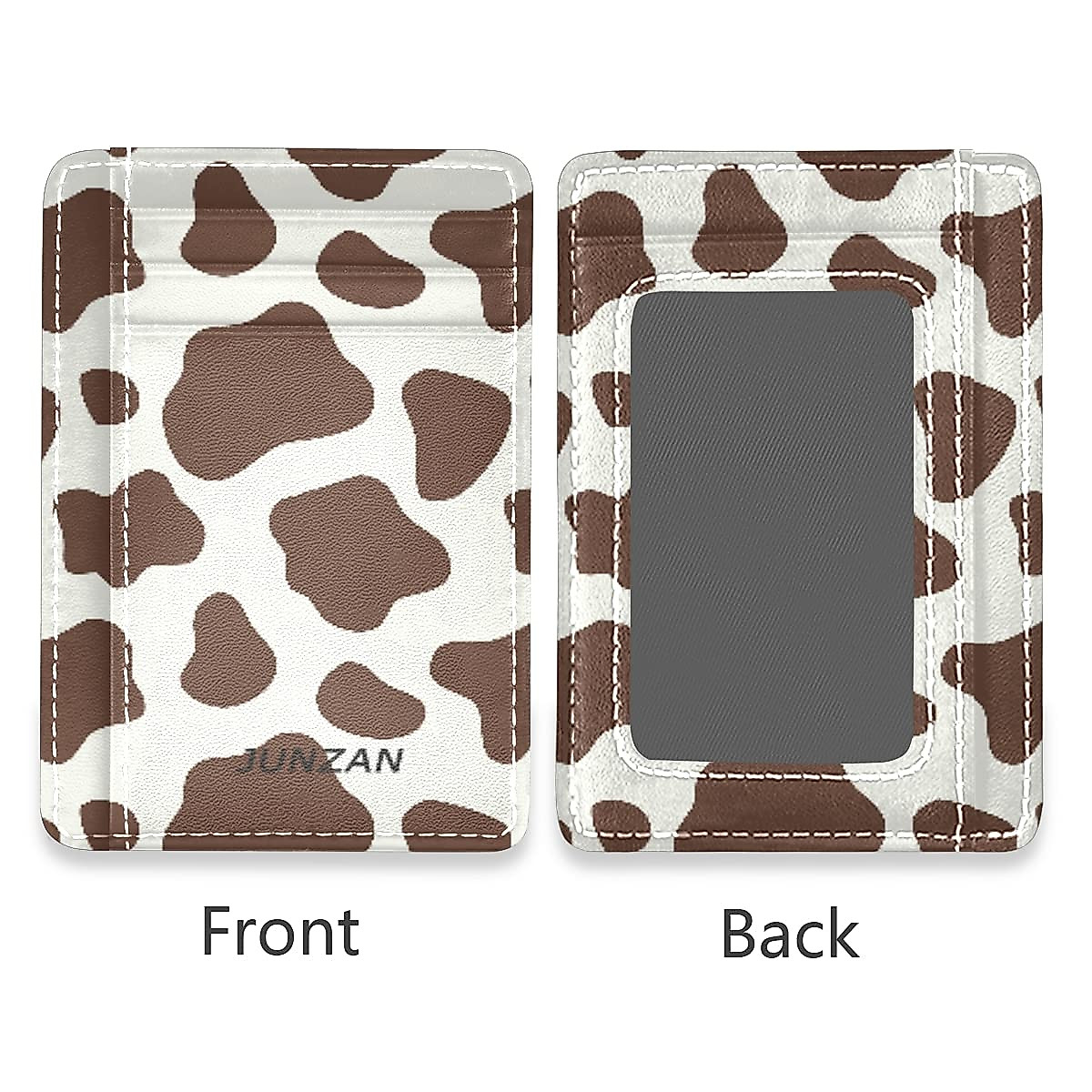JUNZAN Slim Wallet Brown Cow Print Minimalist Wallets for Men Women Leather RFID Blocking Front Pocket Card Holder