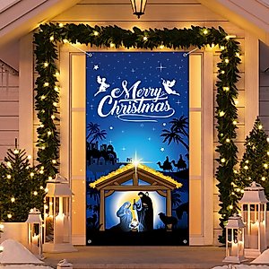 Nativity Christmas Door Cover Decorations, Jesus Holy Night Christmas Fabric Door Decorations Porch Sign Nativity Scene Outdoor Religious Front Door Hanging Backdrop for Holiday Christmas 71x35 Inch