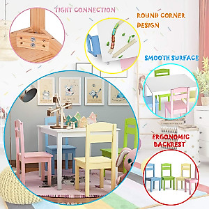 Nightcore Kids Wooden 4, Activity 2 to 6 Years, Toddler Game, Playroom Furniture, Picnic w/Chairs, Solid Wood 5 Piece Dining Table Set, White & Pastel