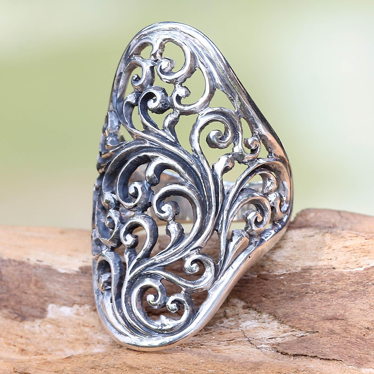 NOVICA Artisan Handmade Sterling Silver Cocktail Ring Crafted from Indonesia No Stone Bohemian [ring Front 1.3 in L x 0.8 in W x 0.1 in H Band Width 4 mm W] ' Sukawati Fern'