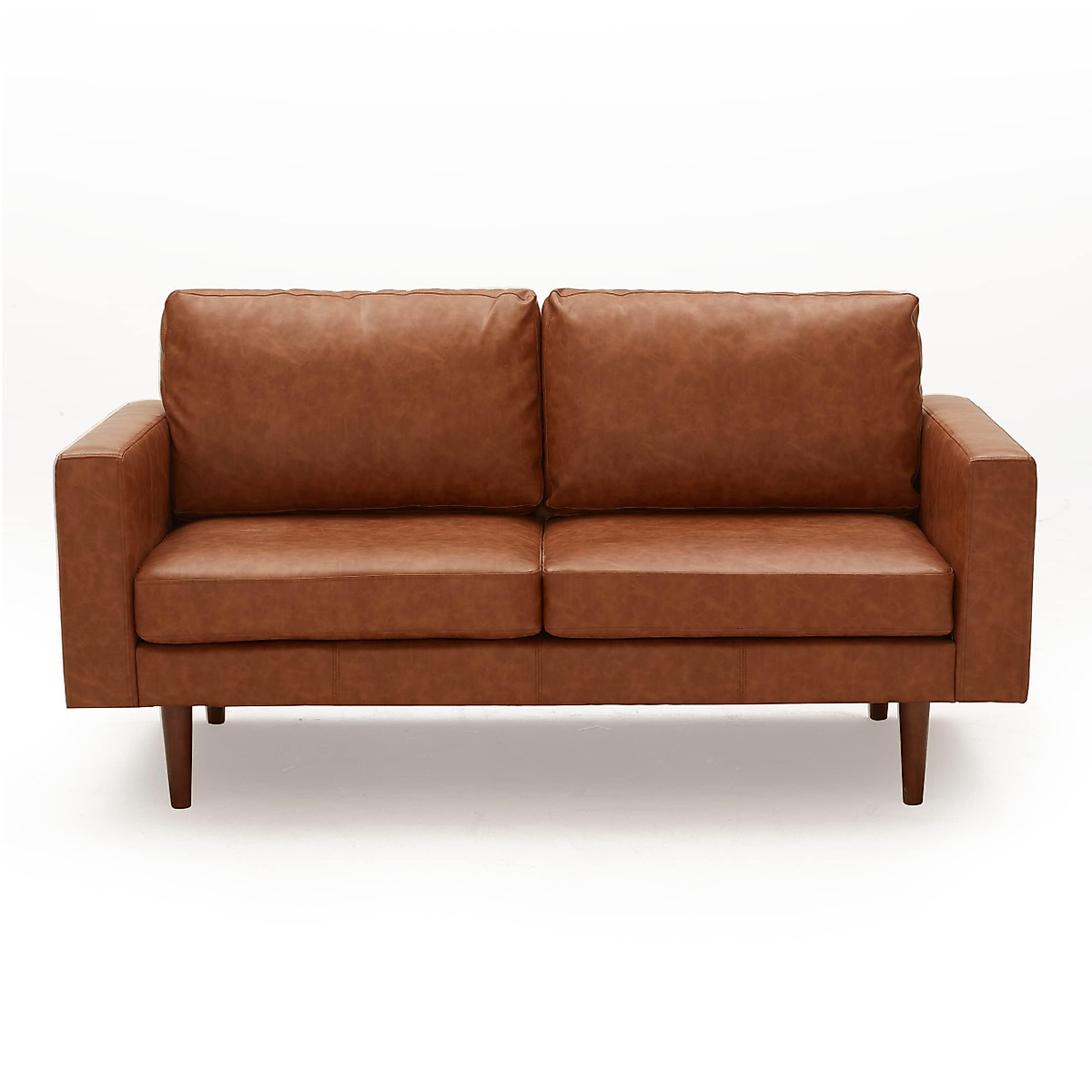 Kingfun 65" Loveseat Sofa, Faux Leather Love Seat Couch, Mid Century Modern Couch with Solid Wooden Frame for Living Room & Bedroom in Small Spaces, Brown