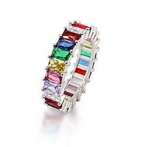 Savlano 18K White Gold Plated Cubic Zirconia Emerald Cut Multicolor Rainbow Eternity Ring Band