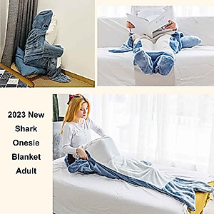 2023 New Shark Onesie Blanket Adult, Wearable Shark Blanket Hoodie for Adult, Shark Blanket Super Soft Cozy Flannel Hoodie Adult Shark Sleeping Bag (XL:210 * 90cm)