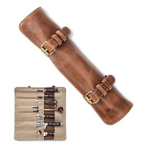 Angus Stoke knife roll bag made of real buffalo leather | 14-slot leather knife case for chef's knives - large knife bag Duplex (brown)