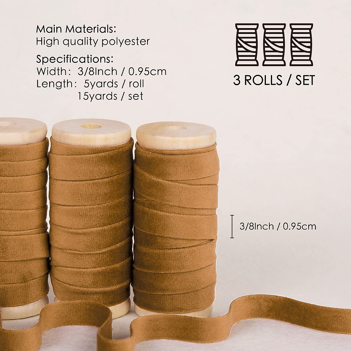 Vitalizart Khaki Velvet Ribbon Set 3/8"" x 15 Yd Fall Ribbon Fabric Trim 3 Rolls * 5 Yd for Christmas Wreath Decoration Handmade Craft Ornaments Gift Wrapping & Bow Making (Brown)